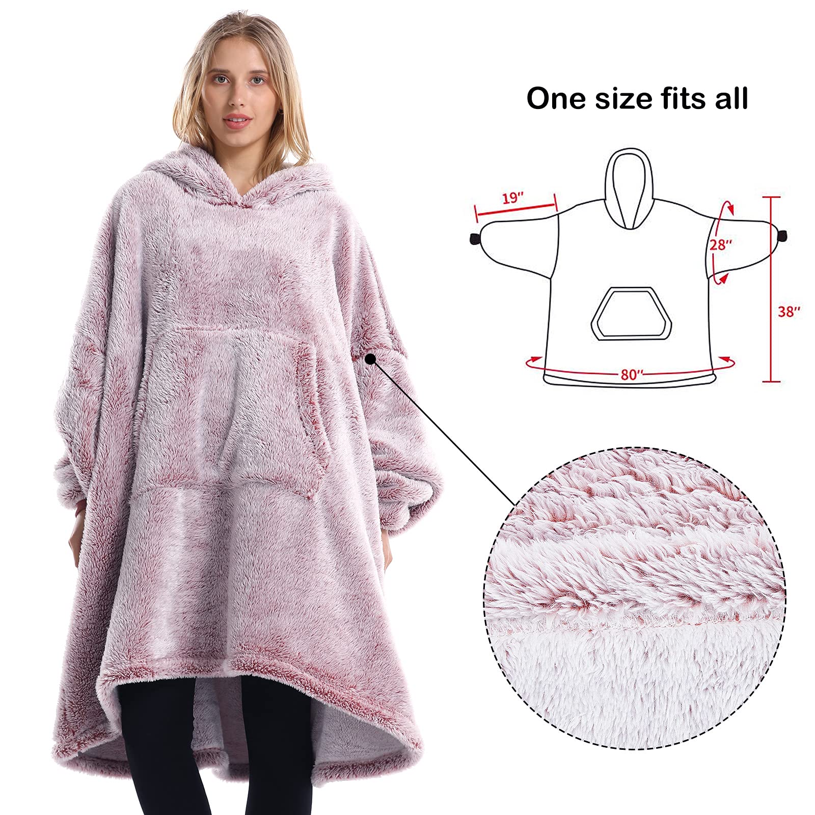 Cozy Sherpa Wearable Snuggle Blanket Hoodie with Sleeves for Adults Women Men Kids Gift Idea,Oversized Blanket Sweatshirt,Super Warm Light Weight,Dusty Rose,Oversize