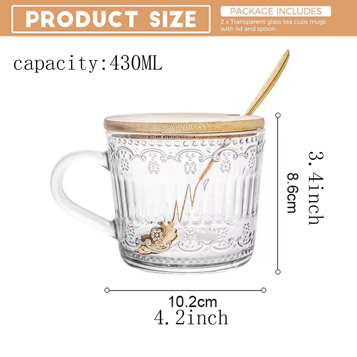 DONYU 2 Pack 14.5 oz Glass Coffee Mug with Lid,Premium Drinking Glasses Tumblers, Vintage Glassware Set for coffee, Juice, Beverages (Clear)