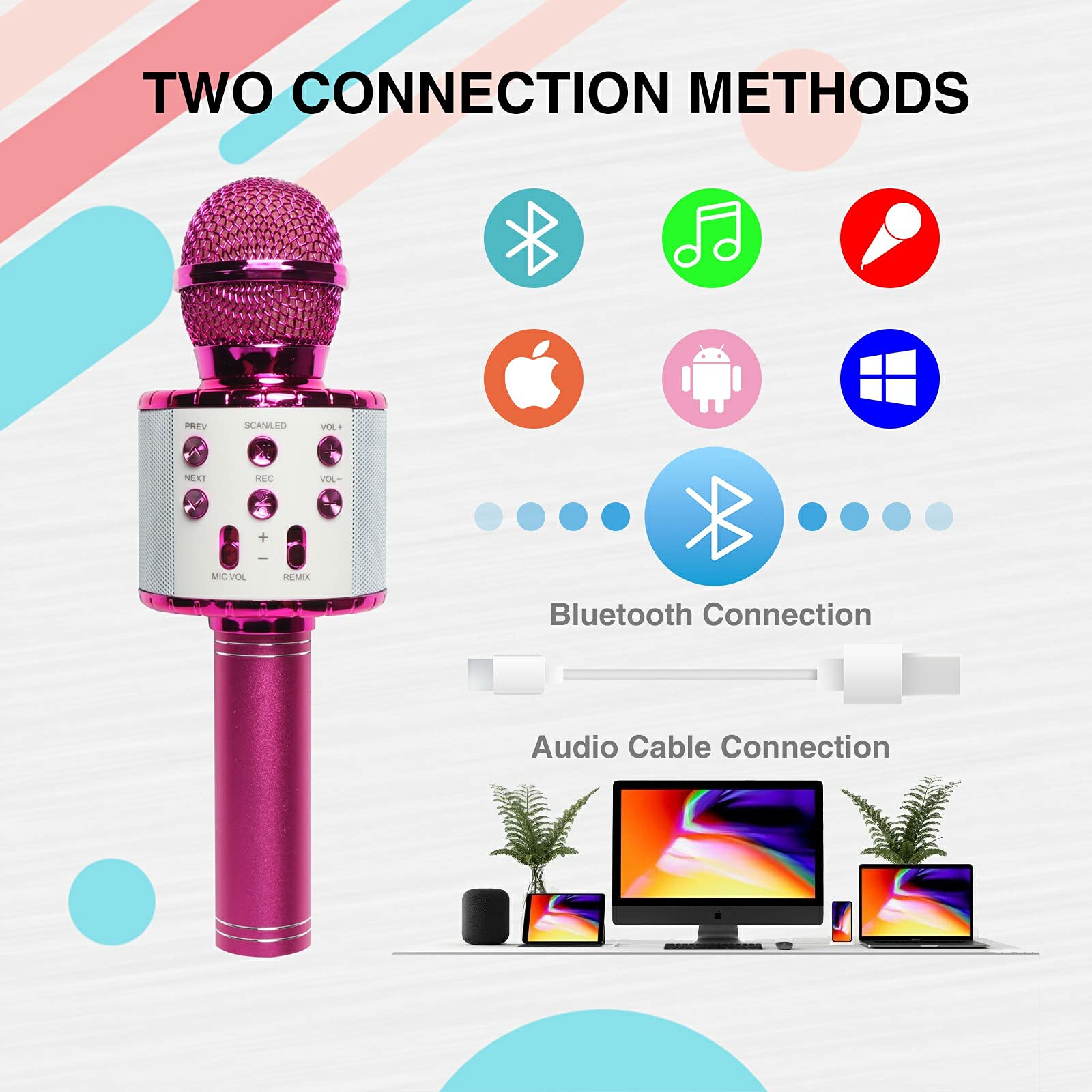 DREAM&GLAMOUR Karaoke Microphone for Kids,Bluetooth Wireless Microphone with LED Lights,Portable Handheld Karaoke Mic Speaker Machine for Girls Boys Adults(Pink)