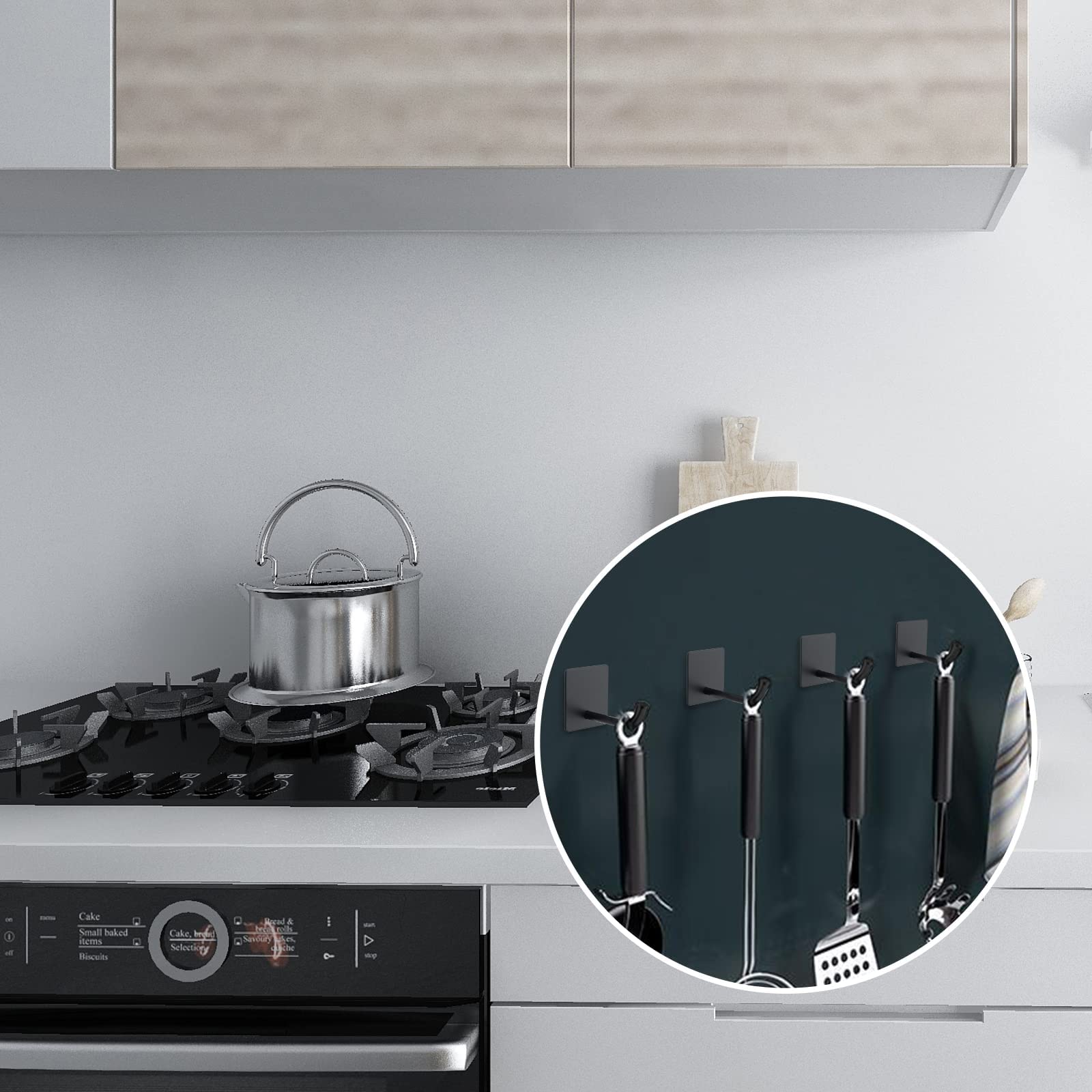 LIOUCBD 4PCS Adhesive Sticky Wall Hooks Heavy Duty, Long Stainless Steel Towel Hooks for Hanging Kitchen Bathroom Home, Waterproof Hook Wall Hanger Holder for Key Hat Coat Bag (Black)