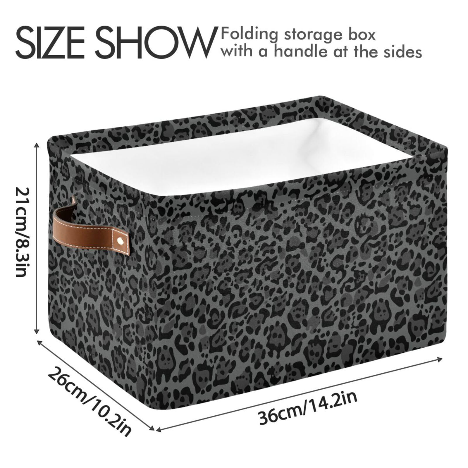 Moudou Black Leopard Storage Basket 2 Pcs, Waterproof Canvas Collapsible Toys Storage Bin with Leather Handles for Closet,Shelves, Nursery, Dorm, Bedroom, Office, Home Decor