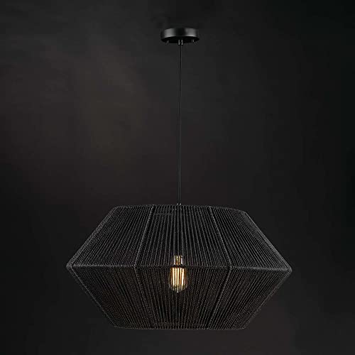 Globe Electric 65470 1-Light Chandelier, Matte Black Natural Twine, Mate Black Canopy and Socket, Designer Black Cloth Hanging Cord. Adjustable Height, Home Decor Lighting, Hygge, Bulb Not Included