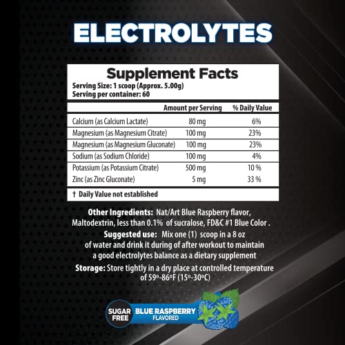 Pro Series Hydration Electrolytes. Calcium, Magnesium Citrate, Magnesium Gluconate, Sodium, Zinc. Blue Raspberry Flavor 300gr