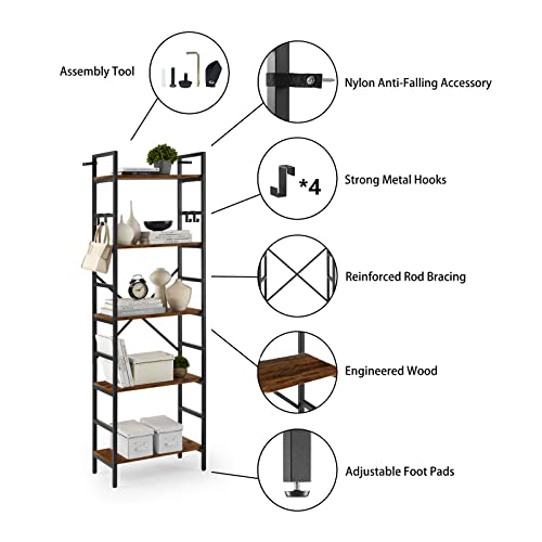 Luckyeestar 5 Tier Tall Bookshelf, Bookcase Shelf Storage Organizer, Modern Book Shelf for Bedroom, Living Room and Home Office, Wood & Metal (Rustic Brown)