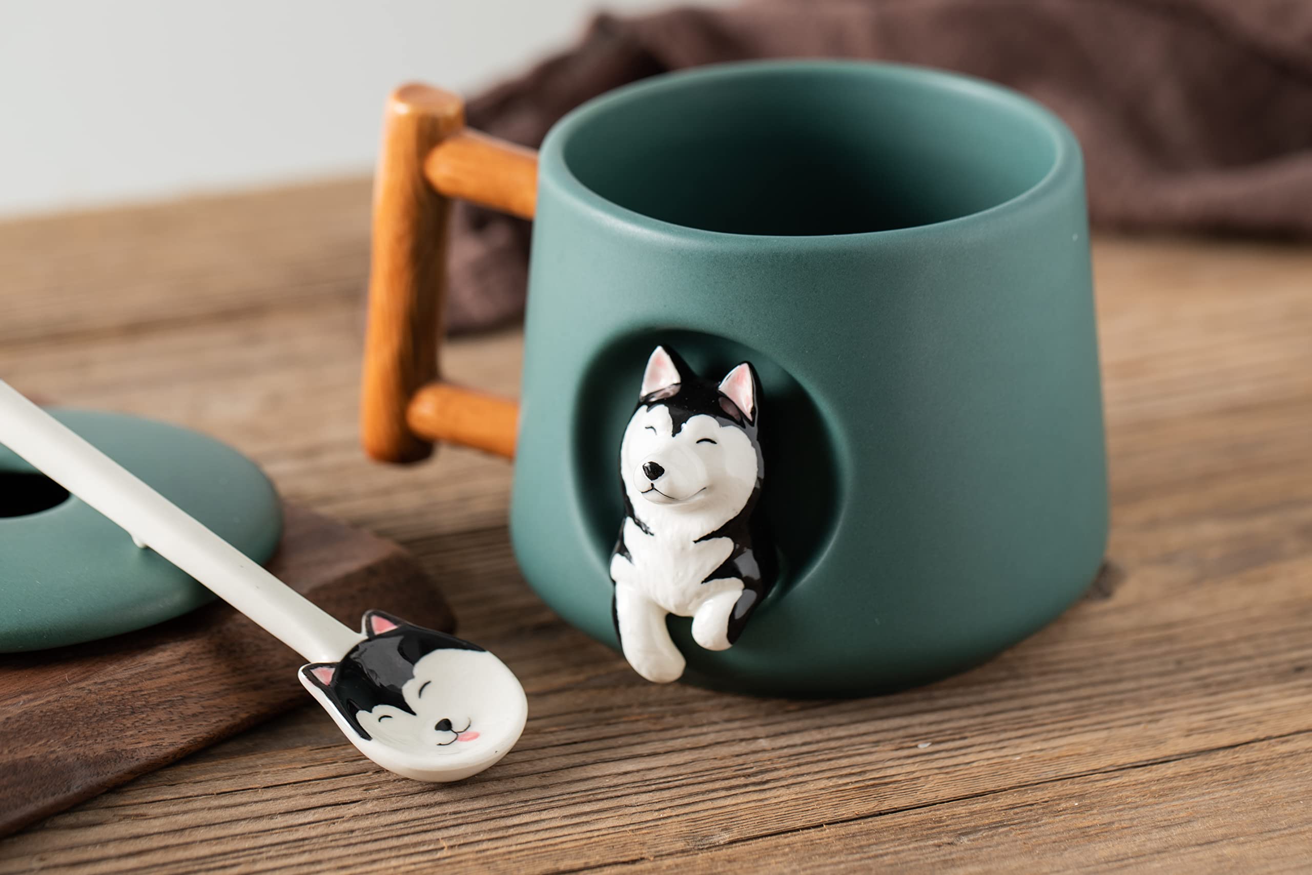 DIHOclub Ceramic Coffee Mug with Lid and Matching Spoon,Novelty 3D Husky Pattern Mug for Tea Milk Chocolate Juice,Cute Cup for Dog Lovers,Perfect Gifts-14 Ounces (green)