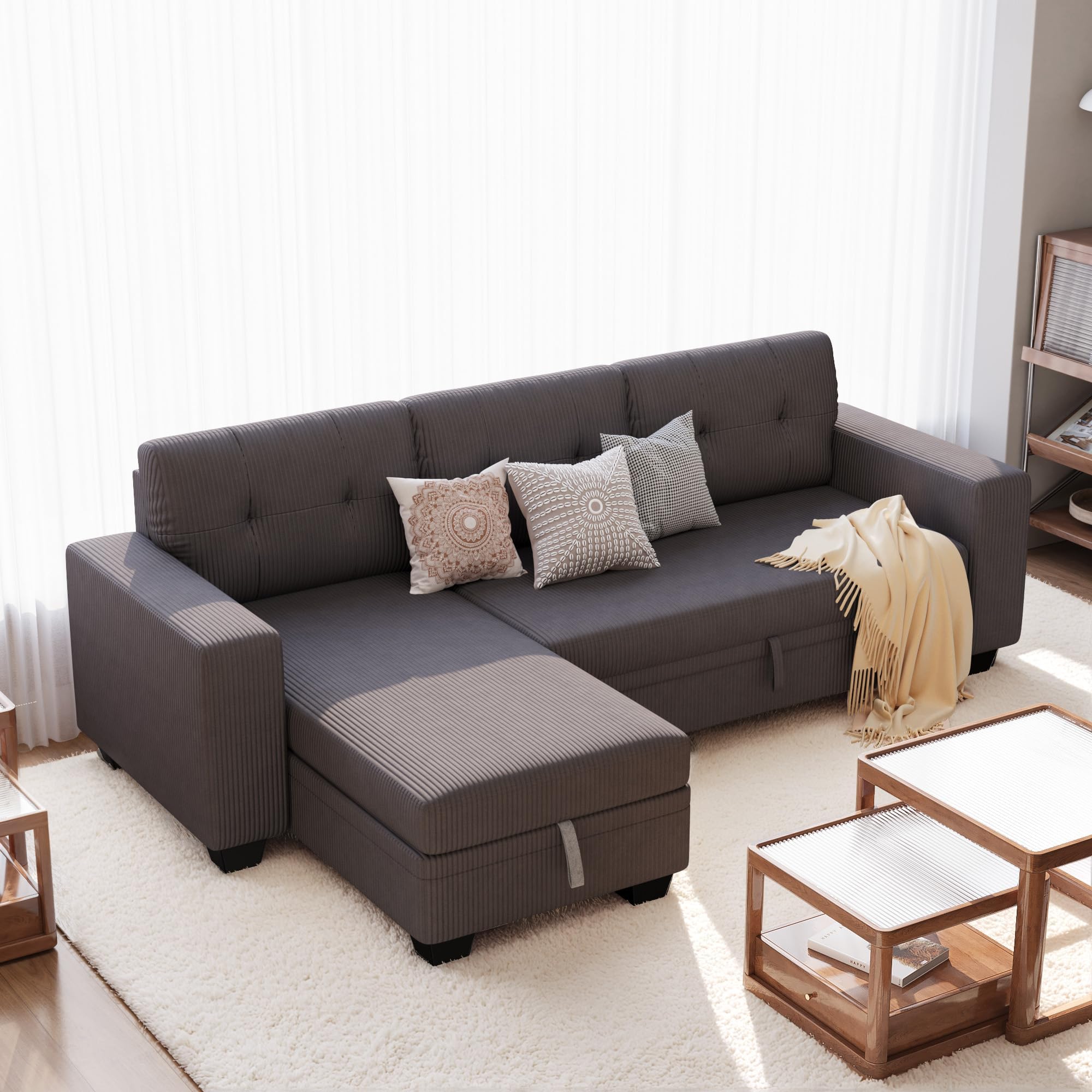 Furniwell Sleeper Sofa, L Shaped Pull Out Couch Sofa Bed with Storage Chaise Sectional Couch for Small Apartments, Living Room and Office (Corduroy)