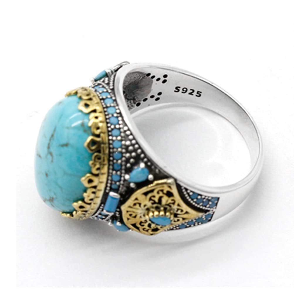 Dinuo Natural Turquoise Stone Ring 925 Sterling Silver Ring Unique Design Turkish Handmade Authentic Ring with Gemstone