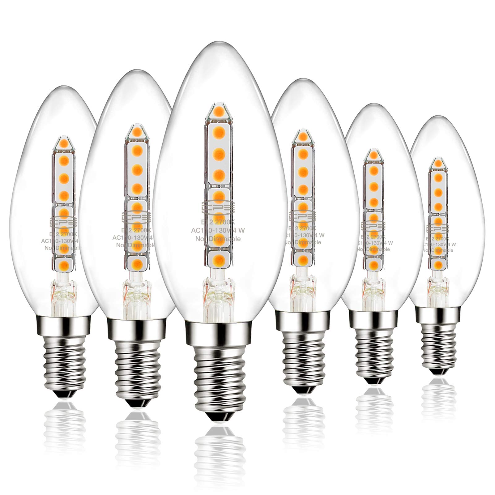 CP3 E12 LED Candelabra Light Bulb 40W Equivalent, Non-Dimmable 4W 400LM Candle Light Bulb 360 Degree Lighting Chandelier Light Bulbs with Decorative Candle Base, Clear Glass, 2700K Warm White, 6 Pack