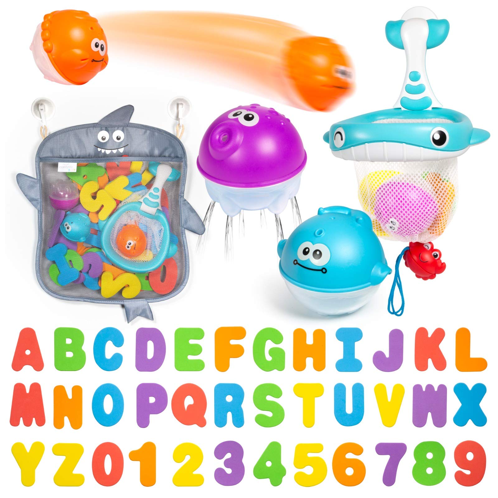 Comfylife Baby Bath Toy Organizer - Bath Toy Storage for Shower - Bathtub Toy Organizer Includes Foam Bath Toys (Numbers & Letters & Squirty Toys) + Extra Net That Doubles as a Toy