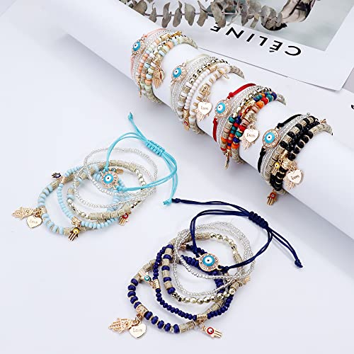DOLOTTA 6 Sets Bohemian Stackable Bead Bracelets for Women Stretch Multilayered Beaded Bracelet Crystal Beaded Lucky Protection Evil Eye Hamsa Hand Bracelet Set