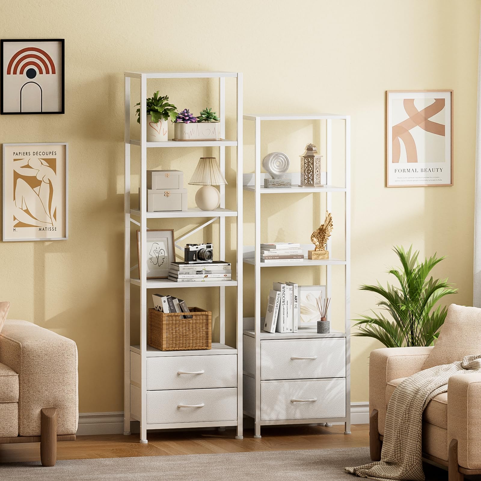 Furnulem 5-Tier Corner Shelf, Narrow Bookshelf with 2 Storage Drawers, Tall Bookcase, Standing Shelf Organizer Unit for Living Room, Bedroom, Metal Frame, Wood Display Shelf(White)