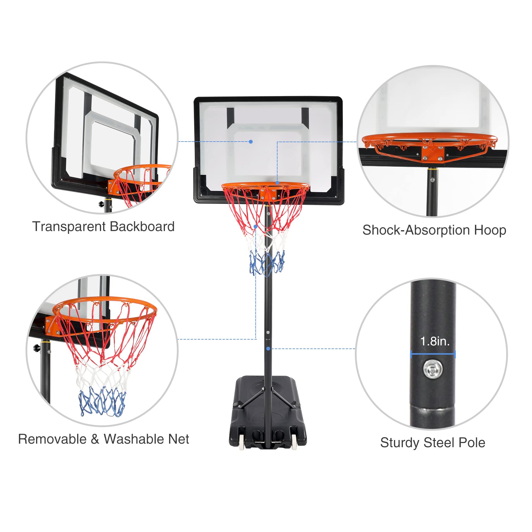 Domaker Adjustable Basketball Hoop Stand Outdoor, 5-7 FT Height Basketball Portable Goal System with Backboard & Wheels, Fillable Base, Easy to Assemble, Black & White