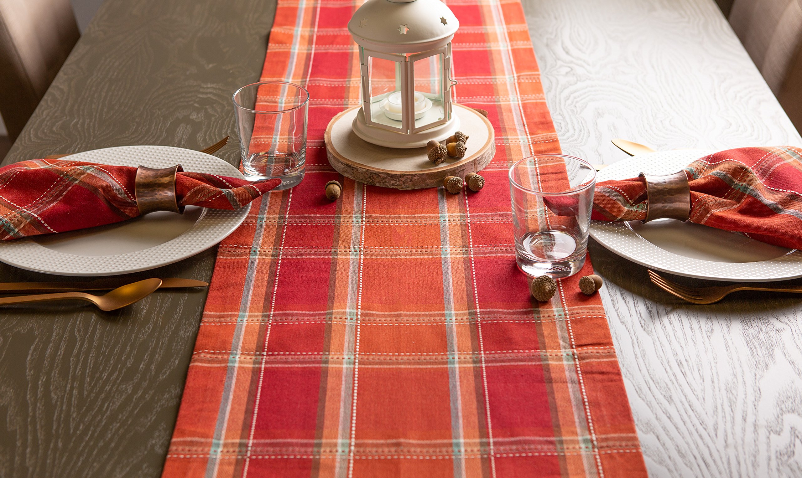 DII Autumn Pumpkin Spice Kitchen Collection Fall/Thanksgiving Cotton Table Décor, Table Runner, 14x72, Orange Plaid