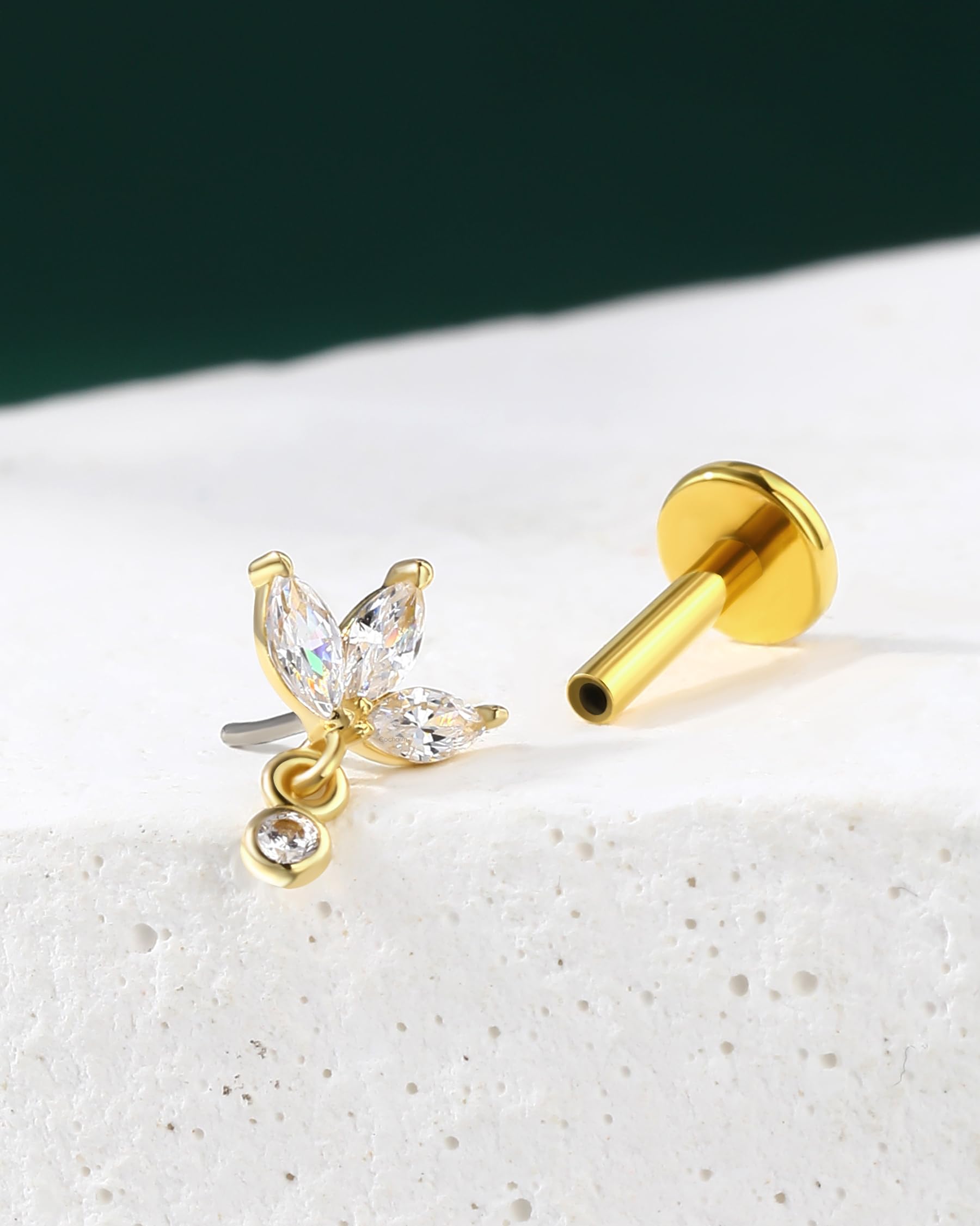 COCHARM 14k Solid Gold Dangling Helix Earings 18g Yellow Gold Cartilage Earrings Stud Real Gold Lotus Flower 18g Tragus Earrings Stud For Women