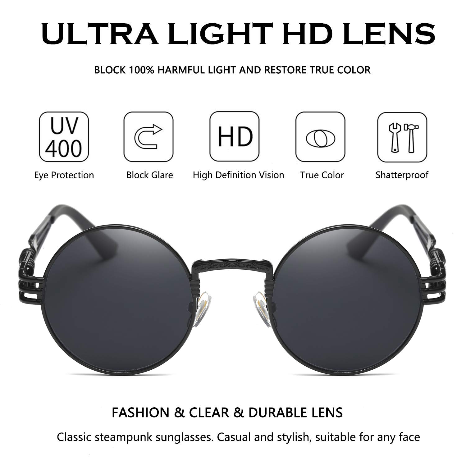 Dollger Black Round Sunglasses Retro Vintage Steampunk Sunglasses for Men