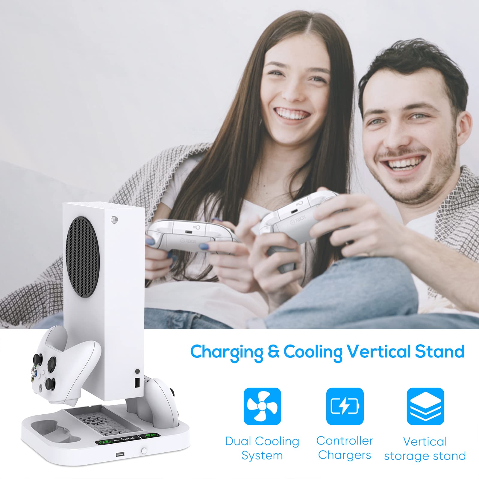 Cooling Stand for Xbox Series S with Dual Controller Charger, MENEEA Adjustable Gear Cooling Fan Charging Station Dock Accessories for Xbox Series S Console with 2 X 1400mAH Rechargeable Battery Pack