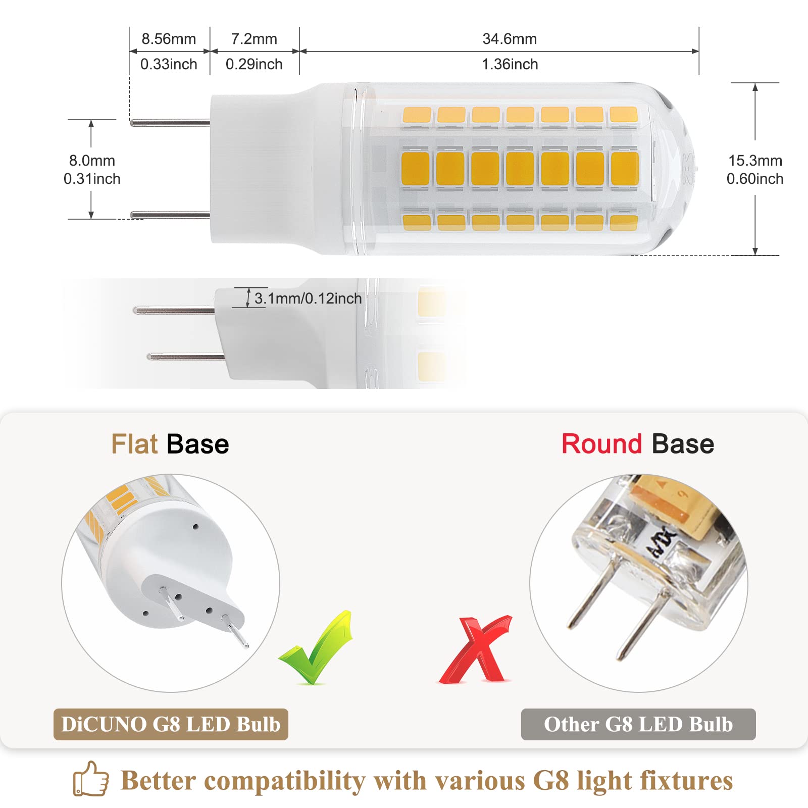 DiCUNO G8 Dimmable LED Bulb Flat Base 4W (40W Halogen Equivalent), Warm White 3000K, 450LM, Bi Pin Base Bulb Replacement for Under Counter, Under-Cabinet Light and Puck Light, 6 Pack