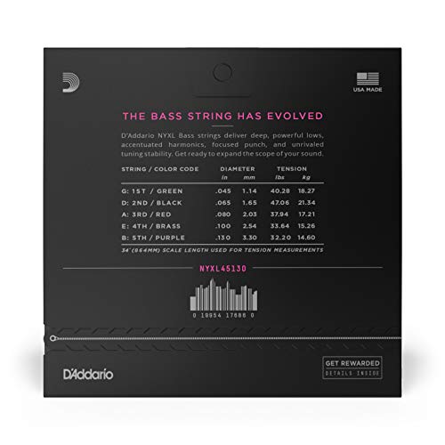 D'Addario Bass Guitar Strings - NYXL Bass Strings - NYXL45130 - Unrivaled Strength, Tuning Stability, Enhanced Response - For 5 String Bass Guitars - 45-130 Regular Light 5-String, Long Scale
