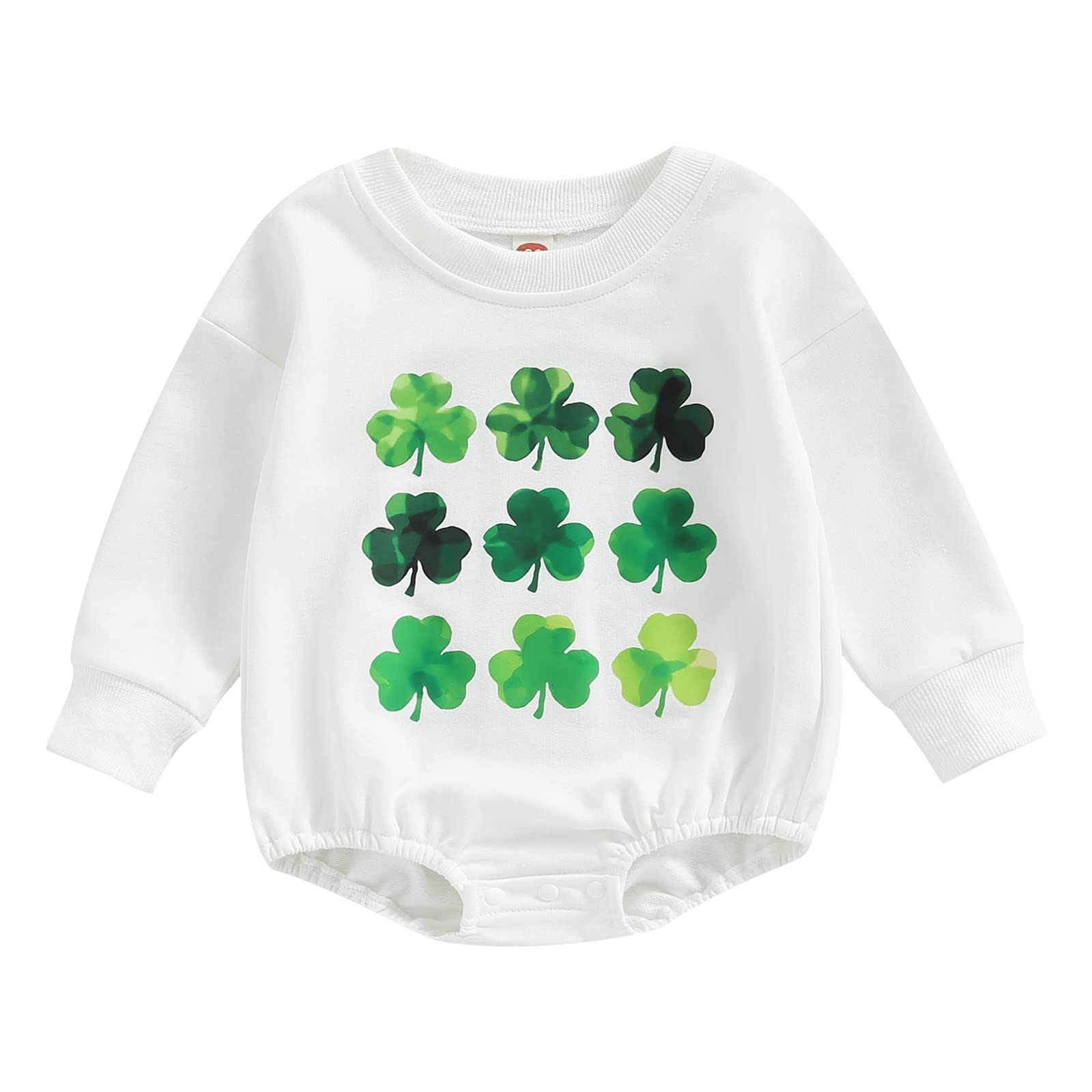 FunurHoome Newborn Baby Girl Boy Clothes St Patrick's Day Sweatshirt Romper Crewneck Shamrock Clover Print Bodysuit (White, 6-12 Months)