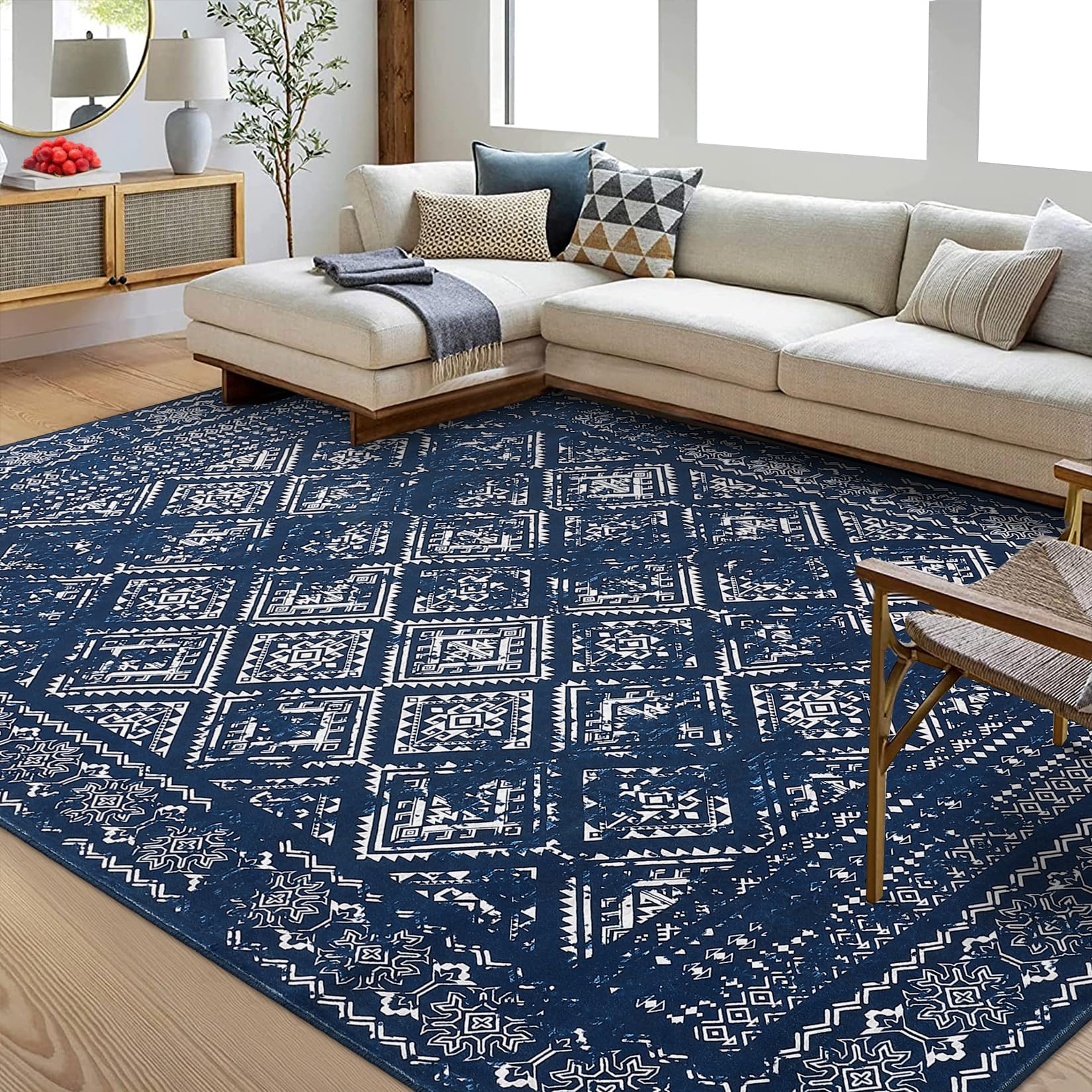 GarveeHome Washable Rug Large 9x12 Area Rugs Boho Rugs for Bedroom Indoor Soft Anti-Slip Rug Vintage Distressed Floor Carpet Low Pile Non-Shedding Foldable Thin Rug for Living Room Home Office Blue
