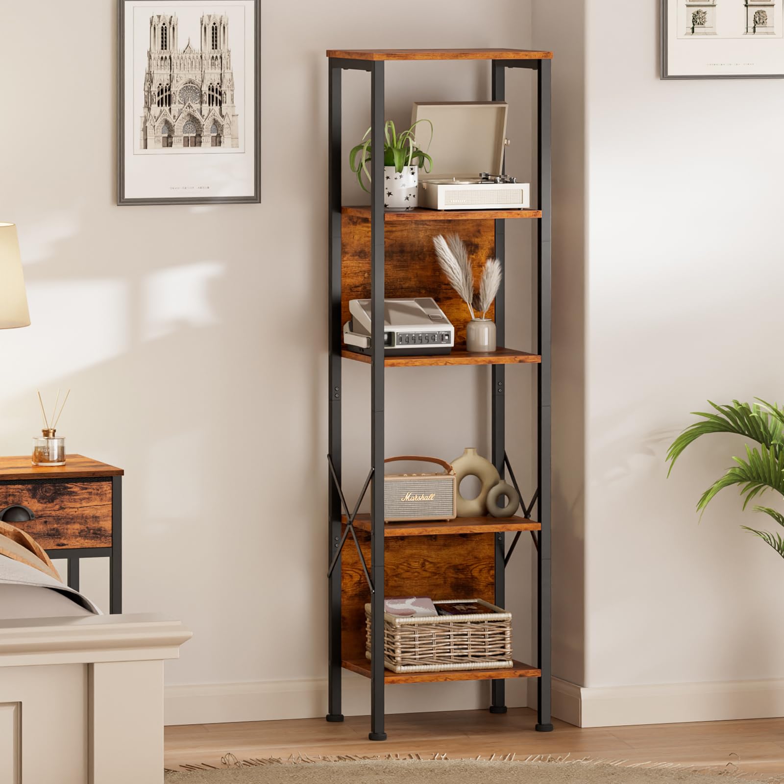 Furologee 5 Tier Bookshelf with Back, Tall Narrow Bookcase, Rustic Standing Shelf Units, Metal and Wood Display Storage Rack Organizer for Bedroom, Living Room, Home Office, Entryway