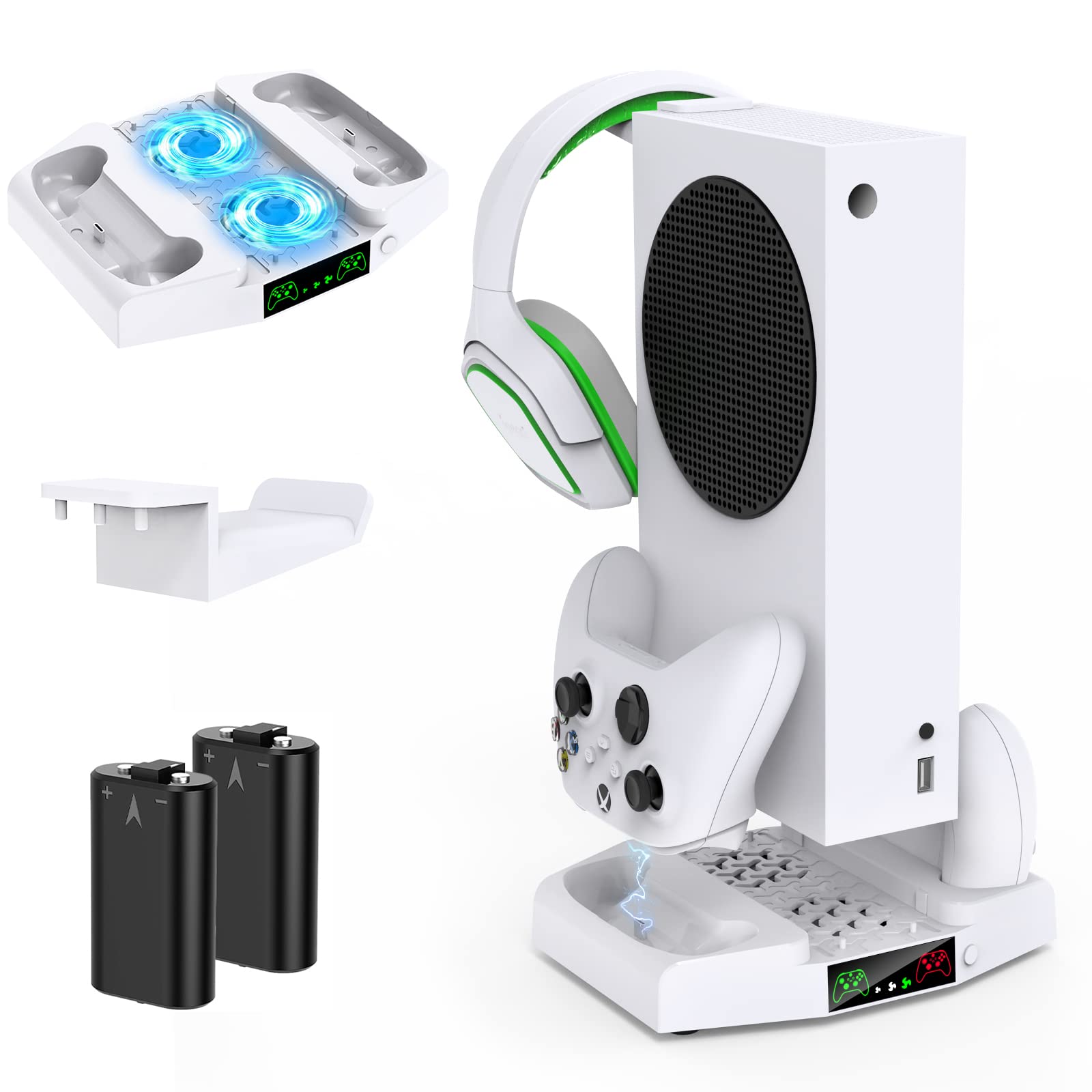 Cooling Stand for Xbox Series S with 2X 1400mAh Rechargeable Batteries, MENEEA Dual Charger Station for Xbox S Controller with Headset Holder & Adjustable Cooling Fan, for Xbox Series S Accessories