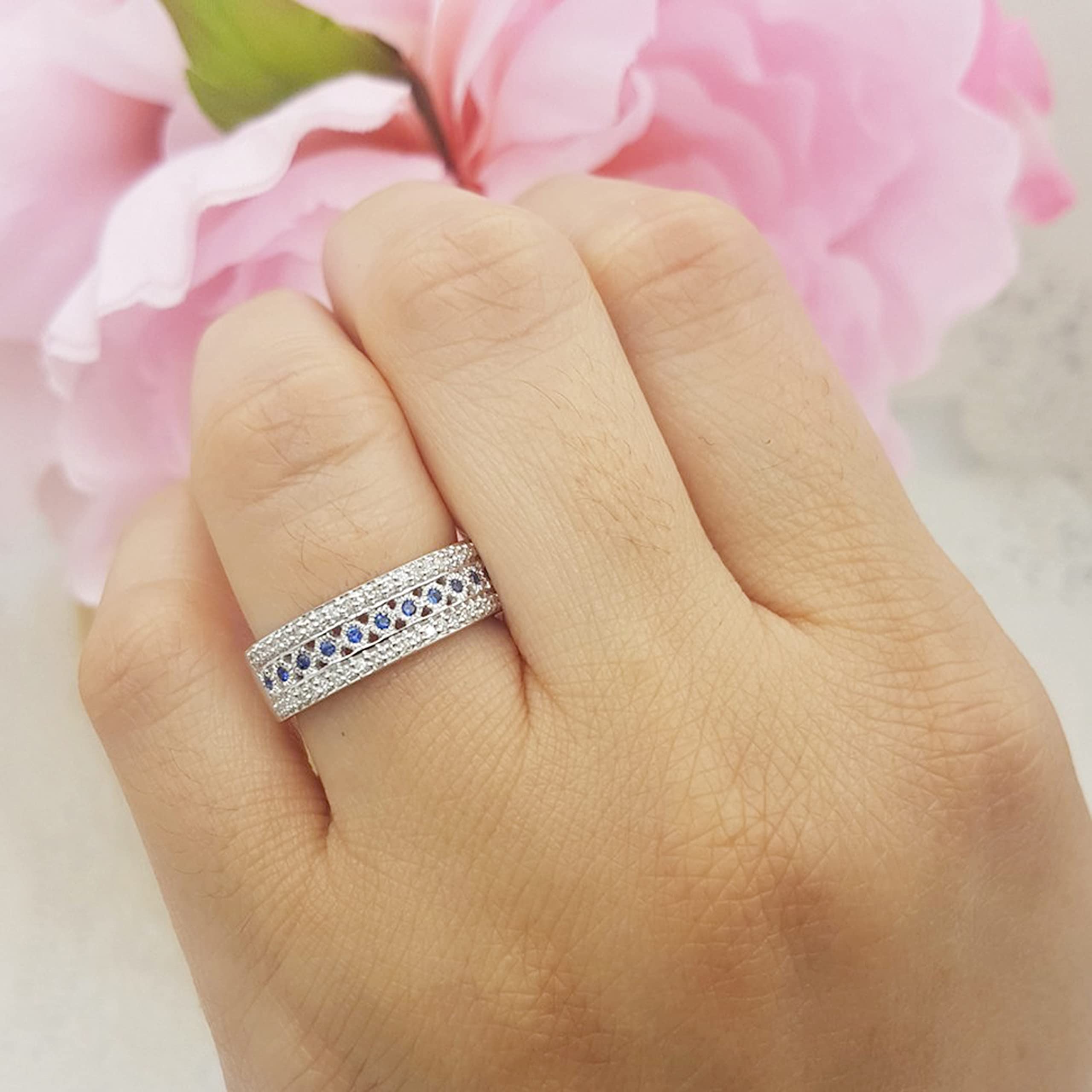 Dazzlingrock Collection Round Blue Sapphire & White Diamond Ladies Anniversary Triple Row Thick Fancy Wedding Band | 10K White Gold, Size 7