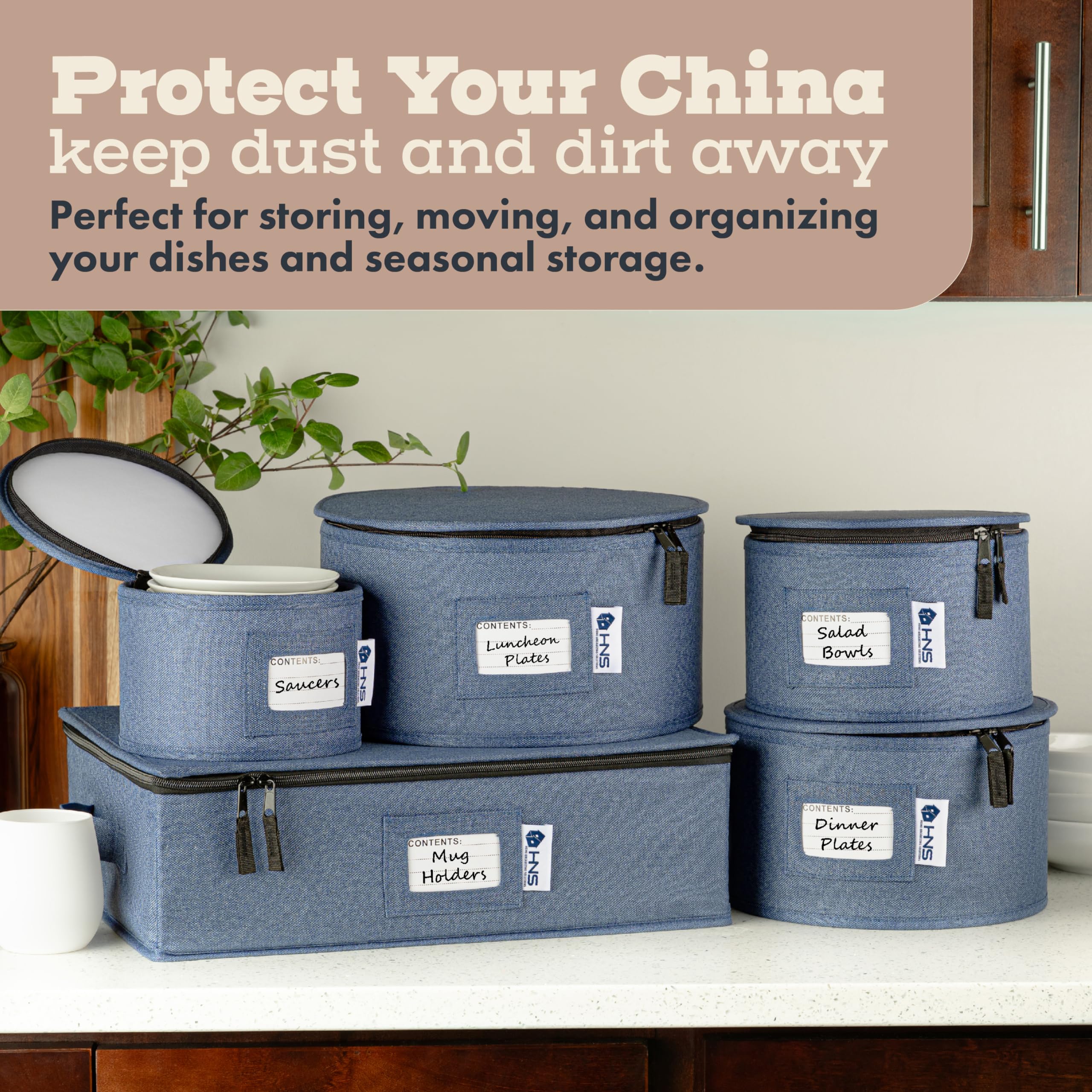 Hard Shell China Storage Containers 5-Piece Set Moving Boxes for Dinnerware, Glasses, Plates, Mugs and Saucers Sturdy Dish Organizer with Dividers for Seasonal Storage - Service for 12 - Denim Blue
