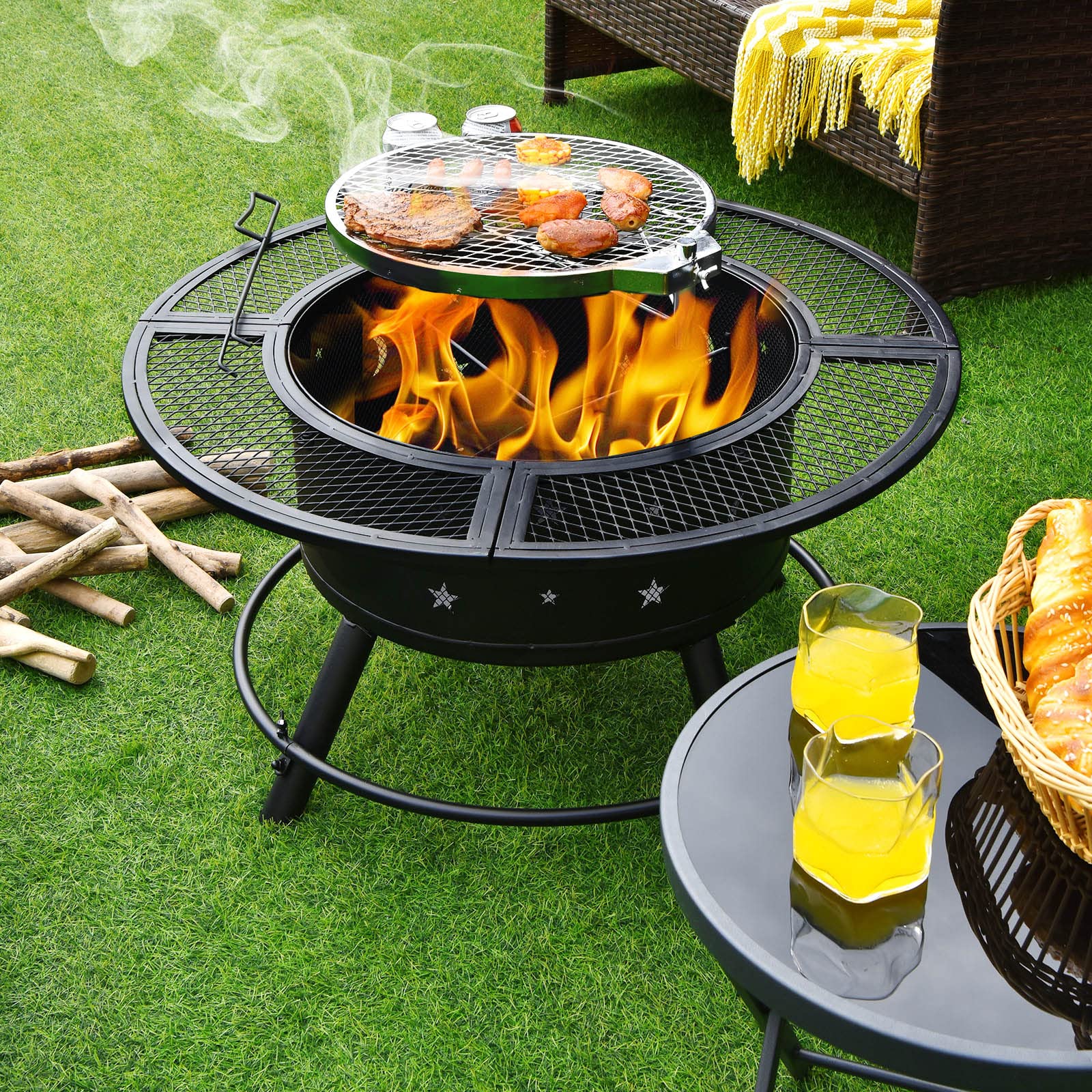 Giantex 2-in-1 Fire Pit with Cooking Grate, 32 Inch Charcoal & Wood Burning Firepit with Swivel Adjustable BBQ Grill & 6.5'' Round Edge Widened Grate, Outdoor Firepit Grill Combo