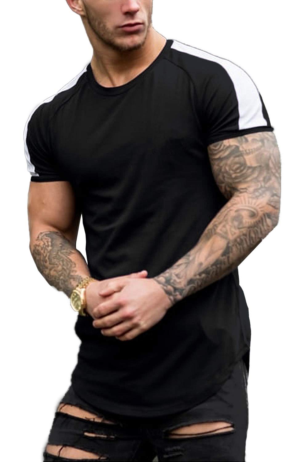 COOFANDY Men's Bodybuilding Muscle Raglan Short Sleeve Tee Slim Fit Gym T-Shirts Black M