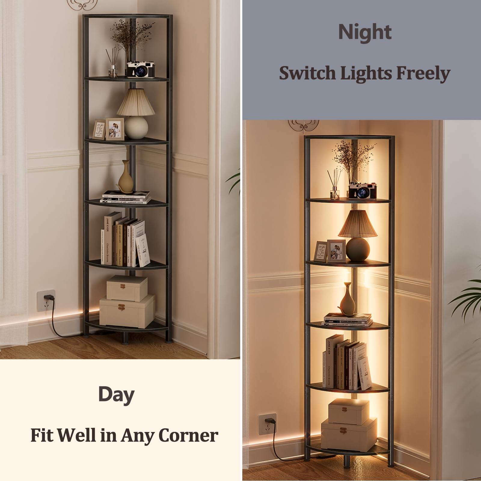 Furnulem 6 Tier Corner Shelf with LED Light, 67.5β Tall Standing Shelf Organizer, Black Narrow Bookshelf with Storage Rack for Wall Corner, Living Room, Bedroom, Metal Frame, Wood Display Shelf