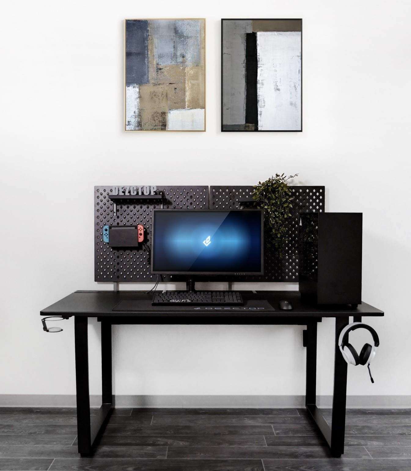 DEZCTOP Bifrost 63W x 28D Gaming PC Computer Desk with Shelves, Large Workstation for Gamers or Home Office with Pegboard, Built-in Cable Management, Stainless Steel Frame (Black)