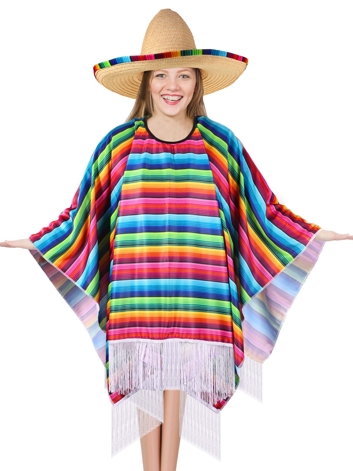 SATINIOR Mexican Serape Poncho Costume Mexican Sombrero with Rainbow Serape Edge and Band (Adult)