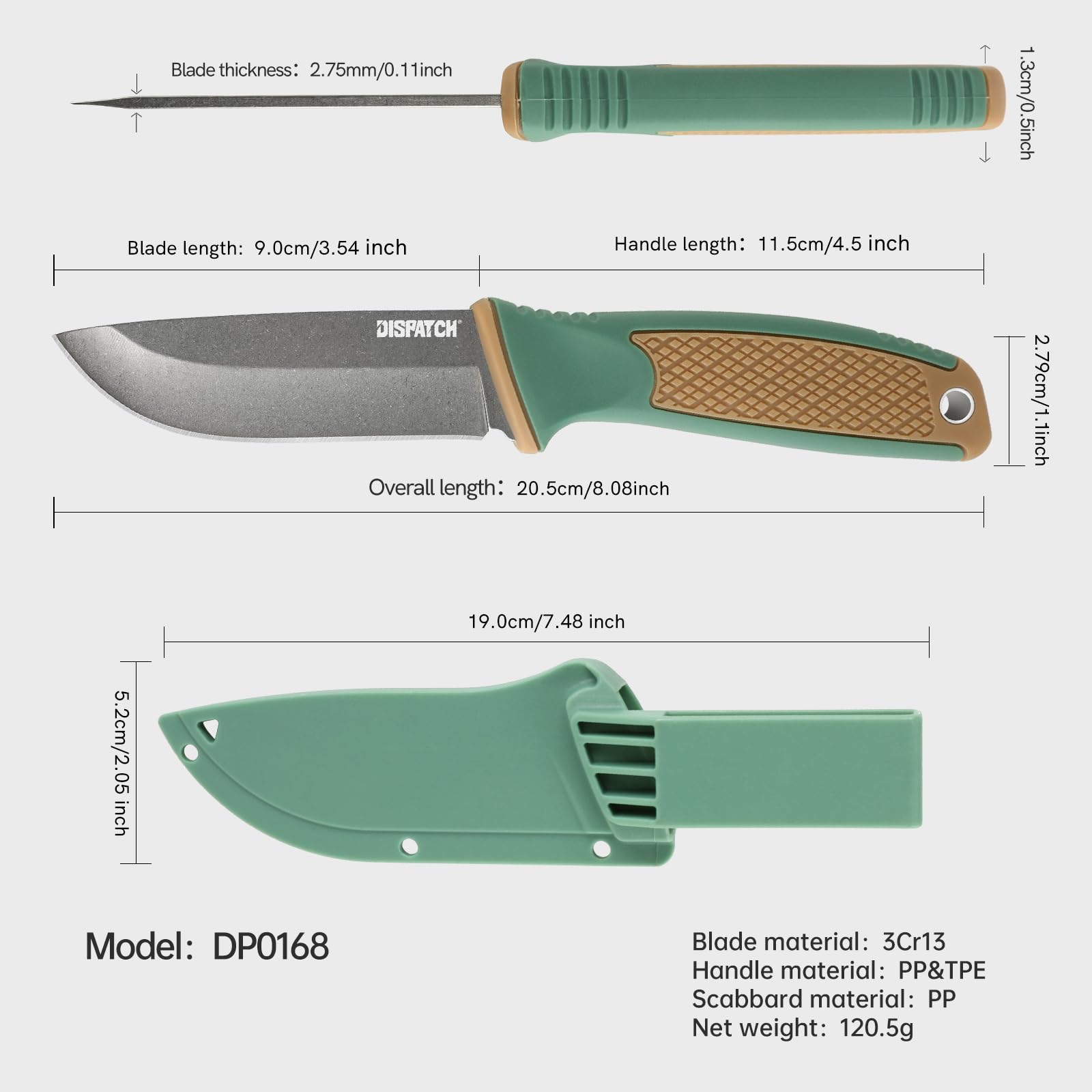 Dispatch Tactical Fixed Blade Outdoor Knife Bushcraft Survival Hunting Tool, Non-slip Stylish Handle, with Practical Sheath, for Camping, Hunting, Adventure, 8'' Closed