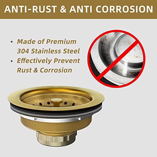 EXAKEY Kitchen Sink Drain Assembly Gold Sink Drain Strainer with Fixed Post 3-1/2 Inch Kitchen Drain with Strainer Basket and Drain Stopper for Standard Kitchen Sink Stainless Steel Brushed Gold