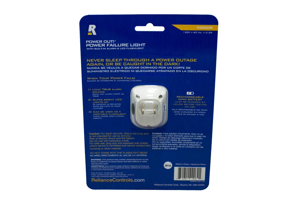 Reliance Controls THP207 Plug-In Power Failure Alarm with LED Flashlight,White