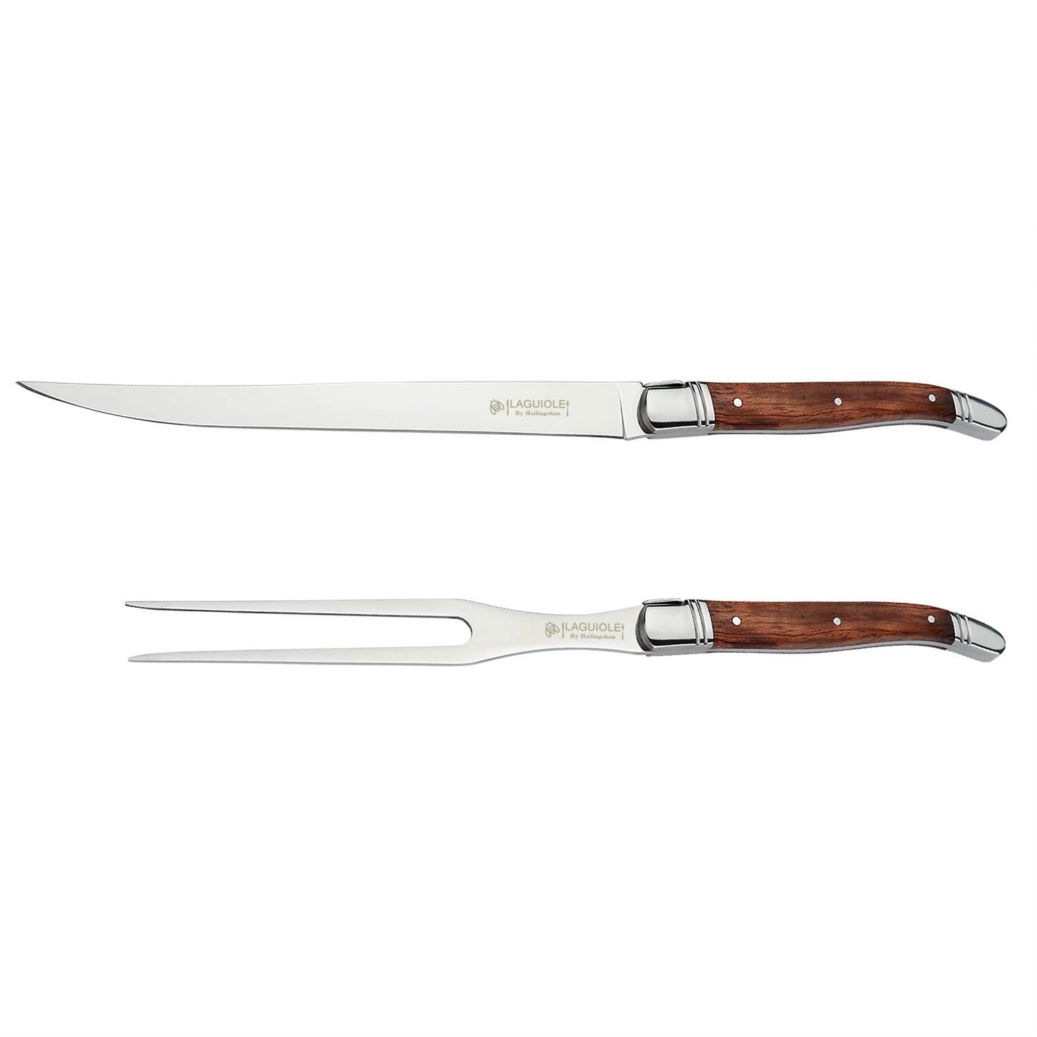 Laguiole by Hailingshan Carving Knife and Fork Set Stainless Steel Premium BBQ Meat Turkey Roast Kitchen Dinner Table Cutlery Flatware Sharp 2-Piece Wood Handle with Gift Box