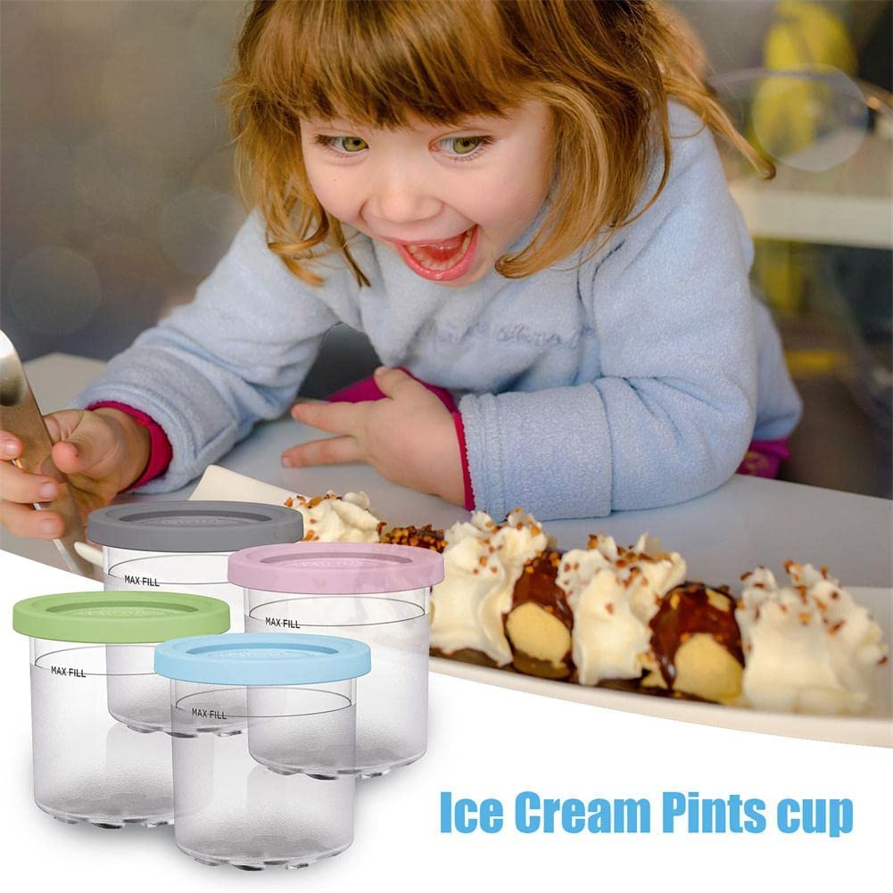 Containers Replacement for Ninja Creami Pints and Lids - 4 Pack, 16oz Cups Compatible with NC301 NC300 NC299AMZ Series Ice Cream Maker - Dishwasher Safe, Leak Proof Lids Pink/Mint/Grey/Blue