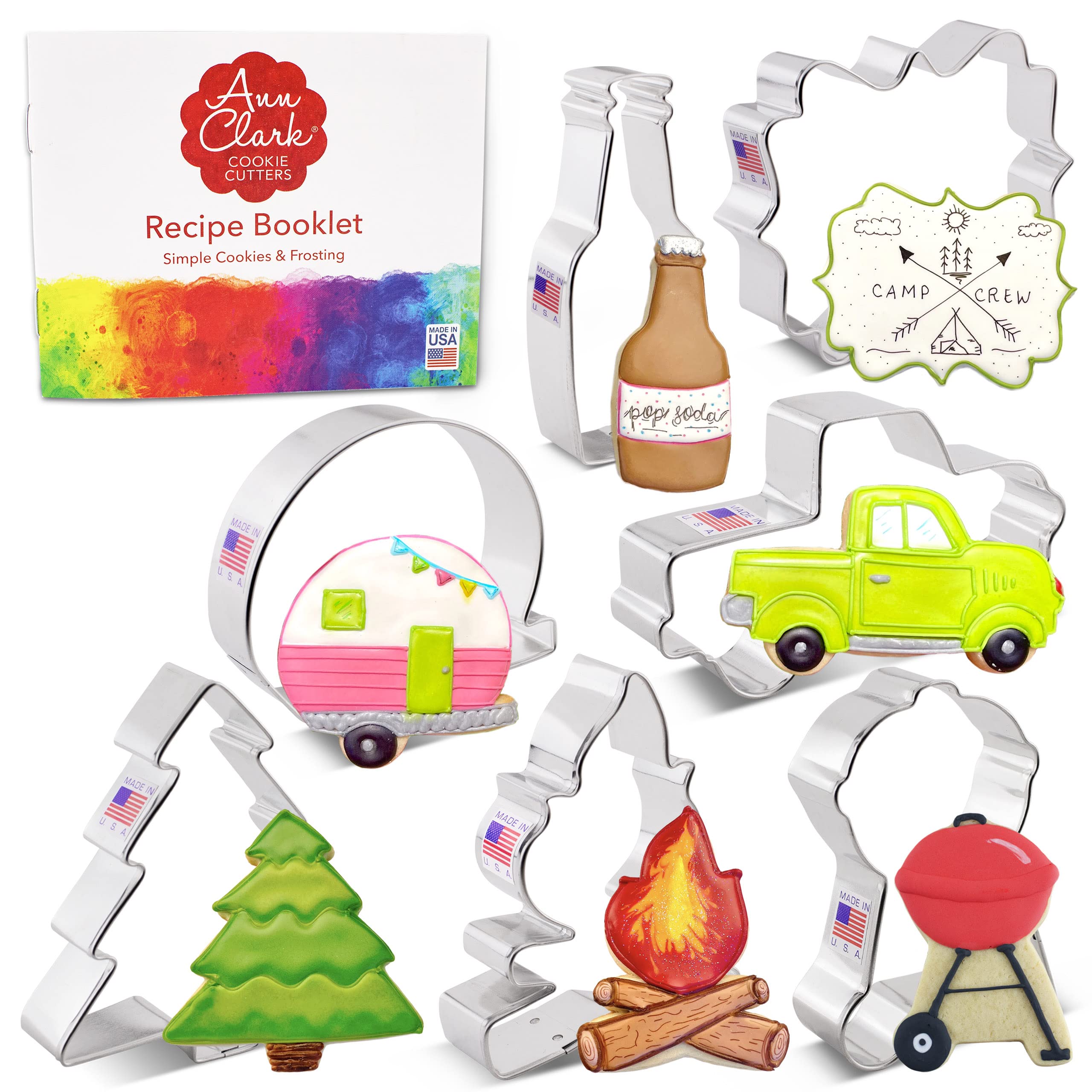 Father's Day Camping Cookie Cutters 7-Pc. Set Made in the USA by Ann Clark, Camper, Campfire, Grill, Pine Tree, Beer/Soda Bottle, and more