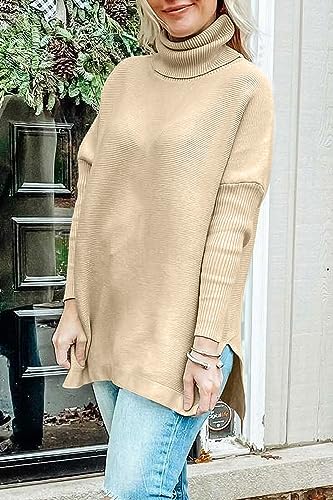 LILLUSORY Clothes Sweaters for Women 2023 Outfit Clothing Long Batwing Sleeve Spilt Hem Tunic Pullover Sweater Knit Tops Apricot