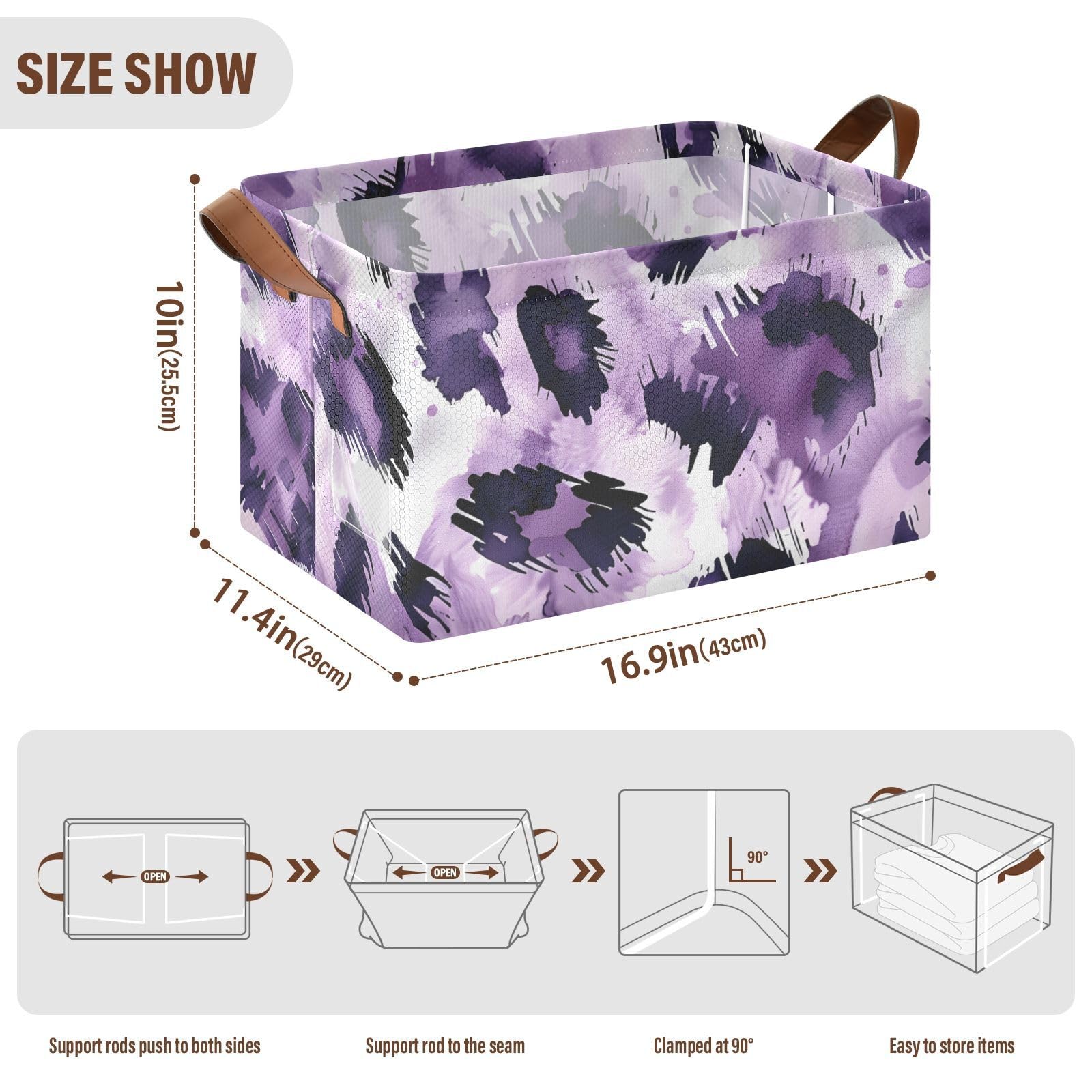 HOMONAW Rectangular Closet Storage Bin Purple Leopard Print Storage Baskets with Handles Collapsible Closet Shelf Organizer for Clothes, Toys, Towel, Home, Bedroom, Office