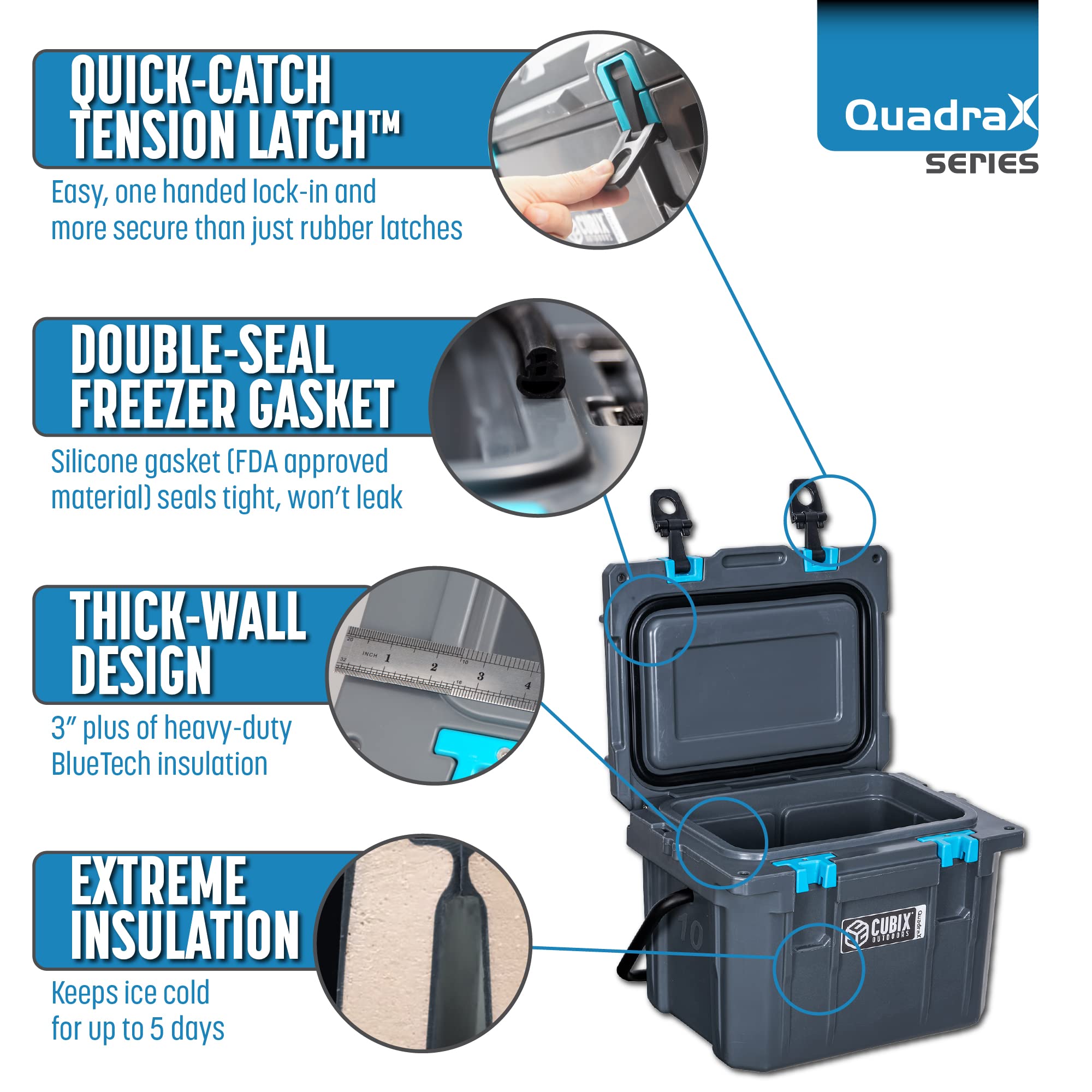 Cubix Outdoors QuadraX 10 Quart Rotomolded Portable Hard Cooler for Camping, Fishing, Beach | Heavy Duty Insulated Lunch Box | Cold Retention 5 Days