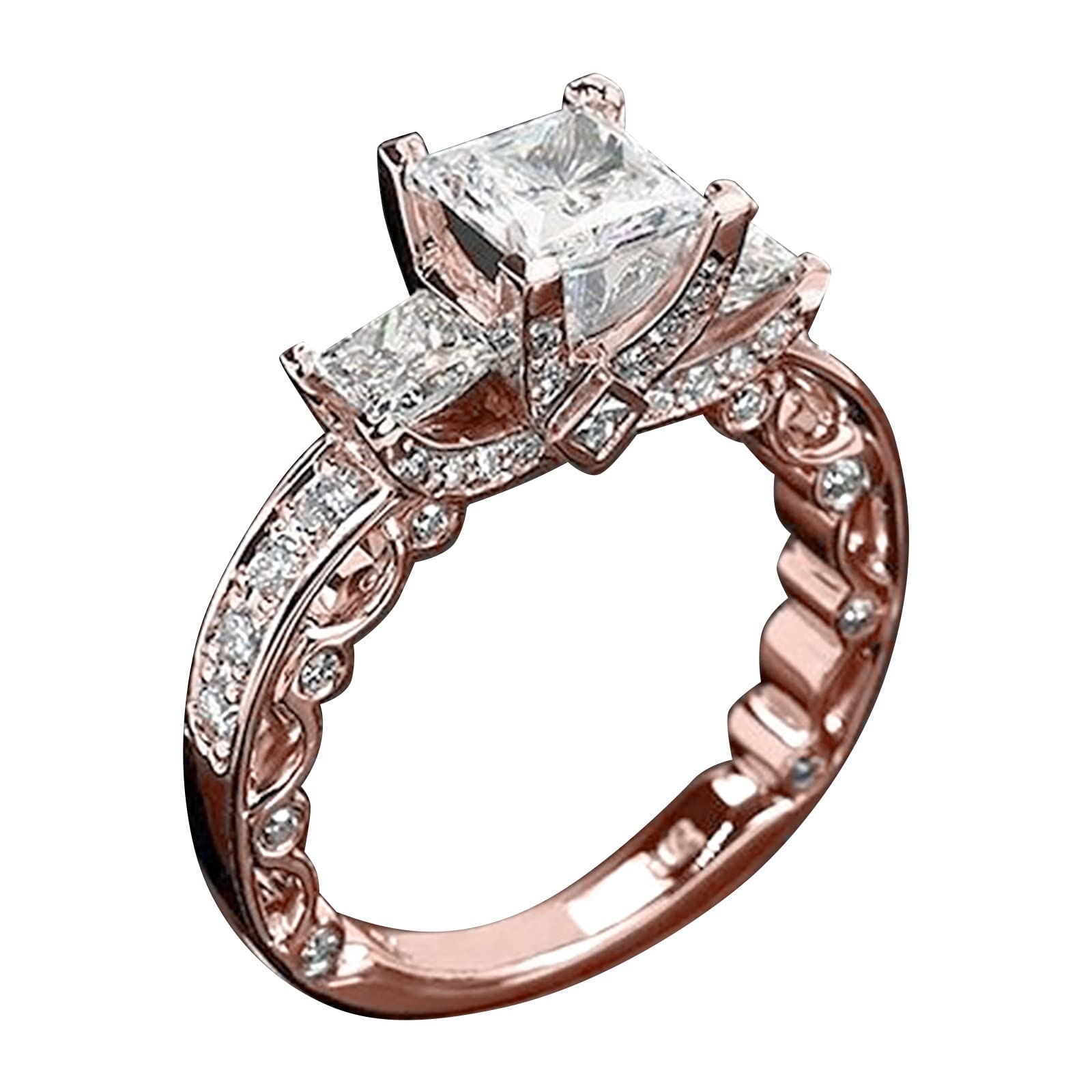 Cushion Cut Simulated Diamond Ring for Women Zircon Ring Engagement Wedding Band CZ (11), Stainless Steel,Rose Gold,White,Purple