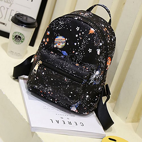 CLARA Fashion Mini Backpack Star Universe Space Printing Travel Bag PU Leather Casual Daypack Small Satchel Black