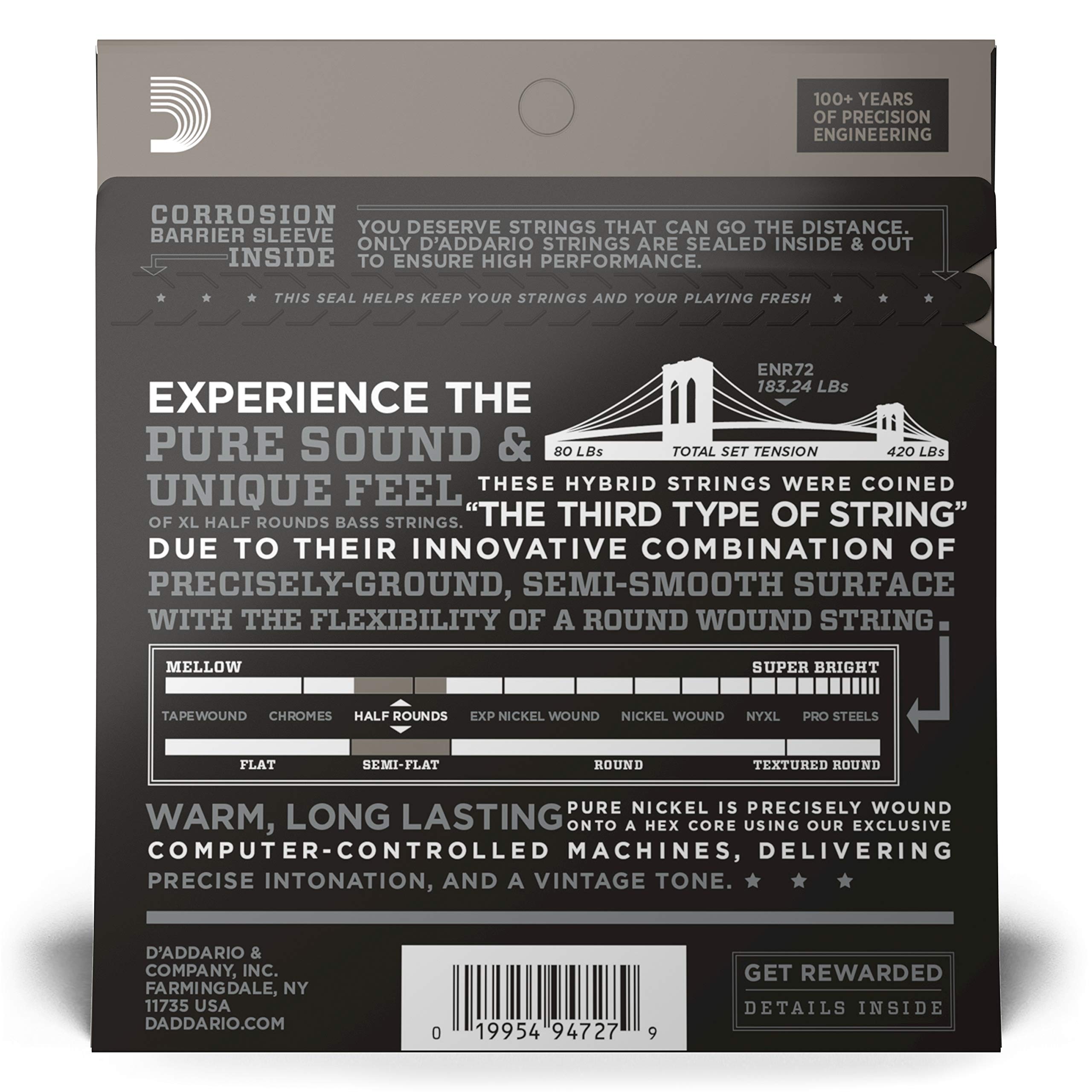 D'Addario XL Half Rounds Bass Guitar Strings - ENR72 - Long Scale - Medium, 50-105
