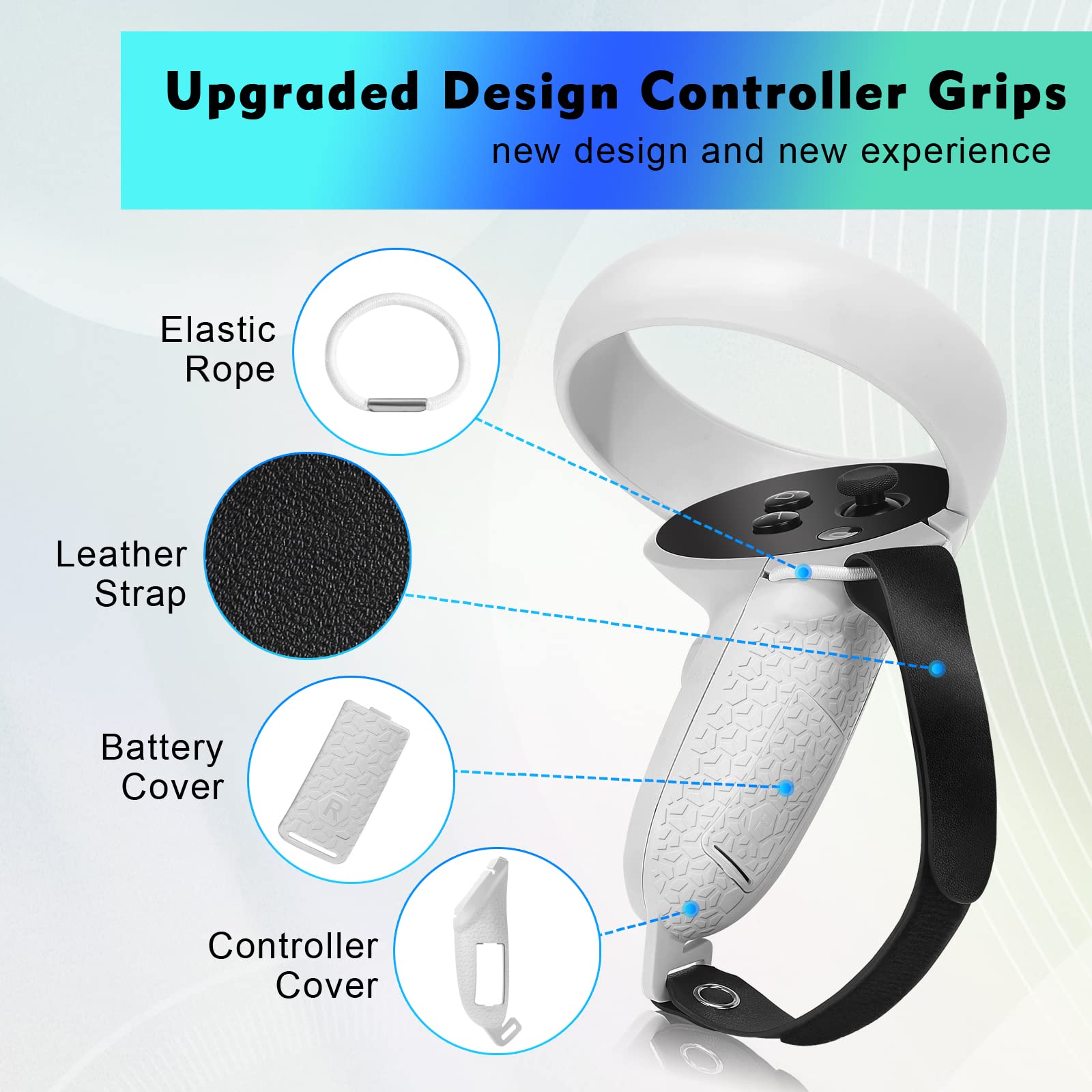 Design Upgraded Controller Grips Accessories Compatible with Oculus Quest 2 with Battery Opening Adjustable Wrist Knuckle leather Anti-Throw Protect Straps for Meta Quest 2 Accessories