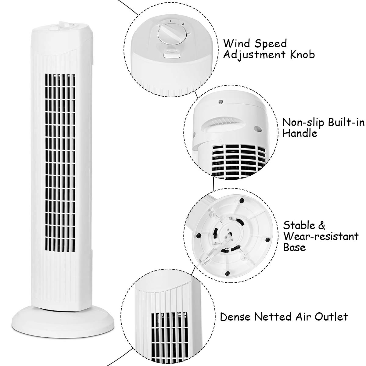 COSTWAY Tower Fan, 28-Inch Oscillating Tower Fan, Quiet Cooling Whole Room Bladeless, 3 Speed, 3 Wind Mode, Oscillating Tower Fan for Bedrooms, Living Rooms, Kitchen (White)
