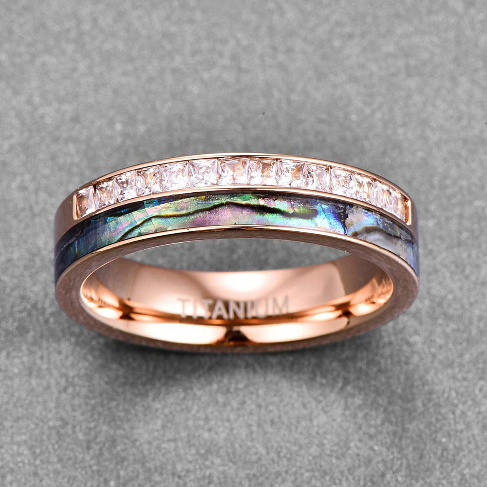 Cloyo Women's Rose Gold Wedding Ring 6mm Stainless Steel Abalone Shell and Square Zircon Inlay Engagement Band Rings Size 9.5