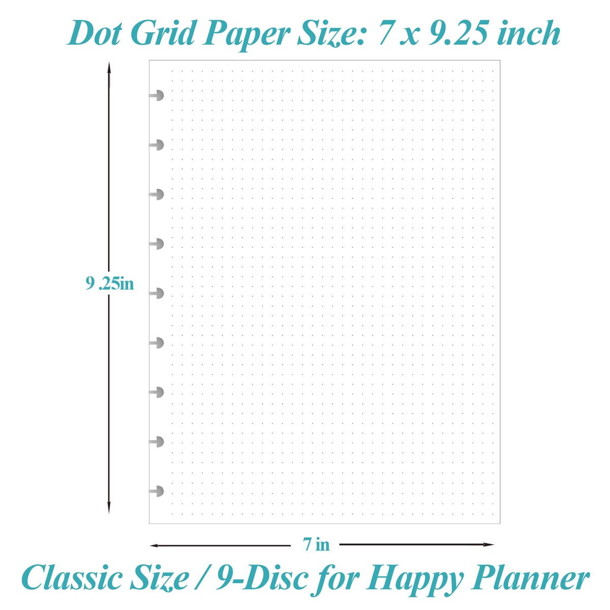 Classic Size Discbound Dotted Grid Refill Paper, 9-Disc Discbound Pre-punched Happy Planner Inserts, 100Sheets/200Pages Loose-Leaf Paper, 100gsm White Paper, 7" x 9.25"
