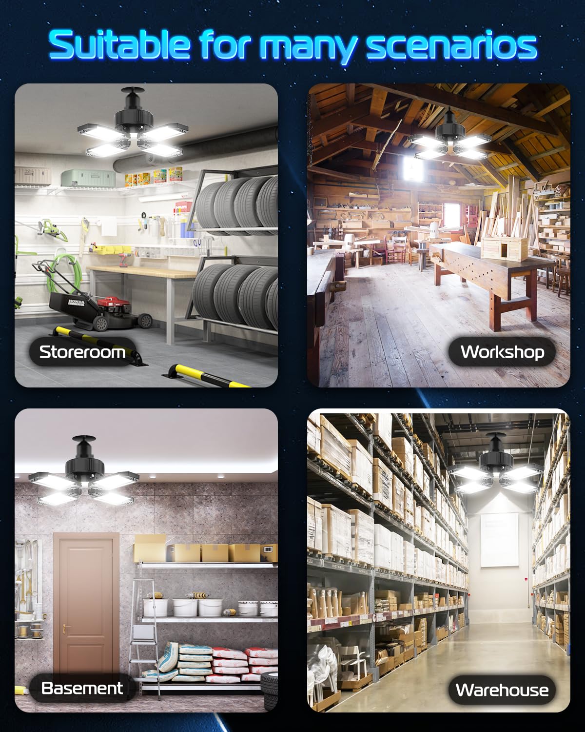 Garage Light - 2PACK 130W 13000LM Deformable 4+1 Panel LED Garage Light with LED Transformer, E26/27 Base, 6500K Daylight White Garage Lights Ceiling LED for Garage, Factory, Warehouse, Storage Room